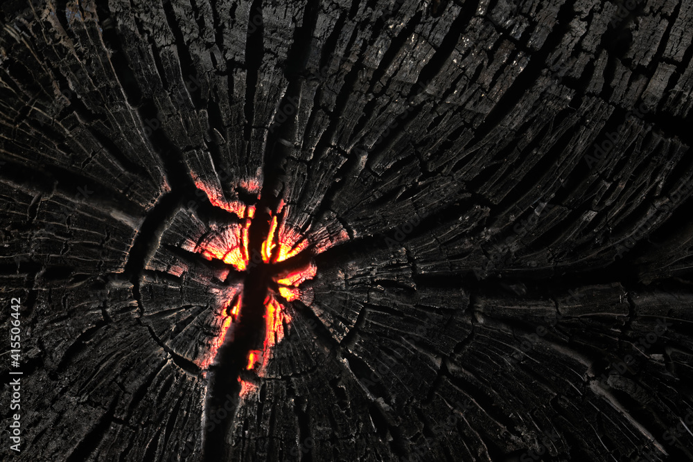 Dark black background of a burnt tree with red hot embers still burning ...