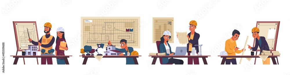 Engineers. Cartoon male and female architects drawing plan of ...