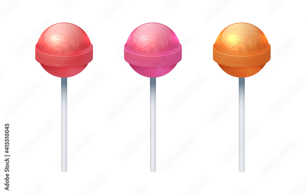 Round sweet lolly candies. Realistic colorful lollipop set. Caramel ...