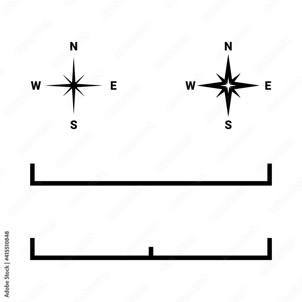 Map symbol. Black direction compass and scale bar. Stock Vector | Adobe ...