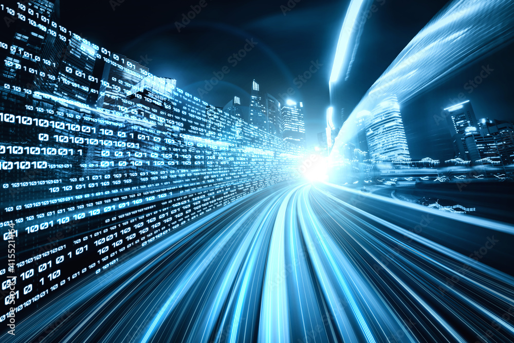 Digital data flow on road with motion blur to create vision of fast ...