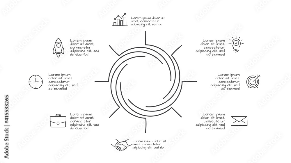 Doodle cycle infographic with 8 options. Hand drawn icons. Thin line ...