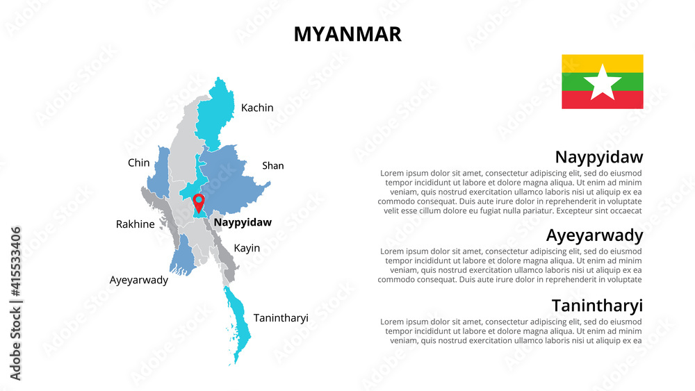Myanmar vector map infographic template divided by states, regions or ...