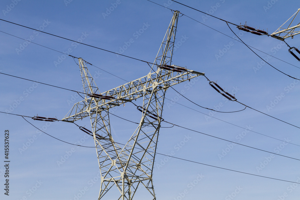 Overhead power line, used for electric power transmission. Tower or ...