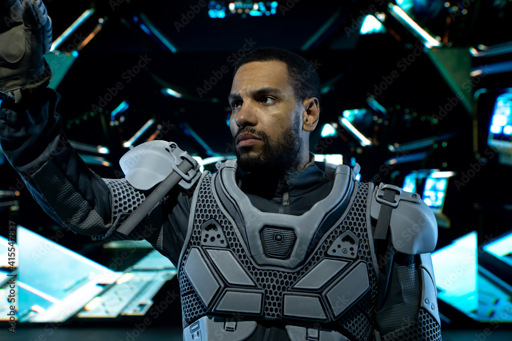 Portrait of African American Black male astronaut fixing something ...