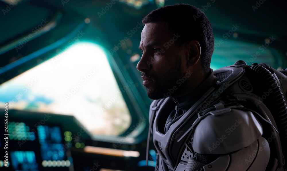Portrait of African American Black male astronaut inside spaceship ...