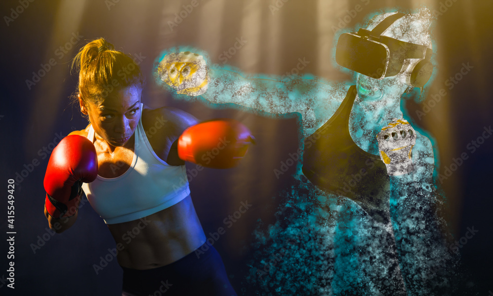 Black woman boxing exercise in metaverses technology, Virtual reality ...