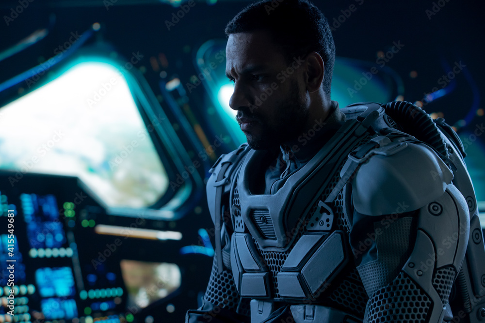 Portrait of African American Black male astronaut inside spaceship ...