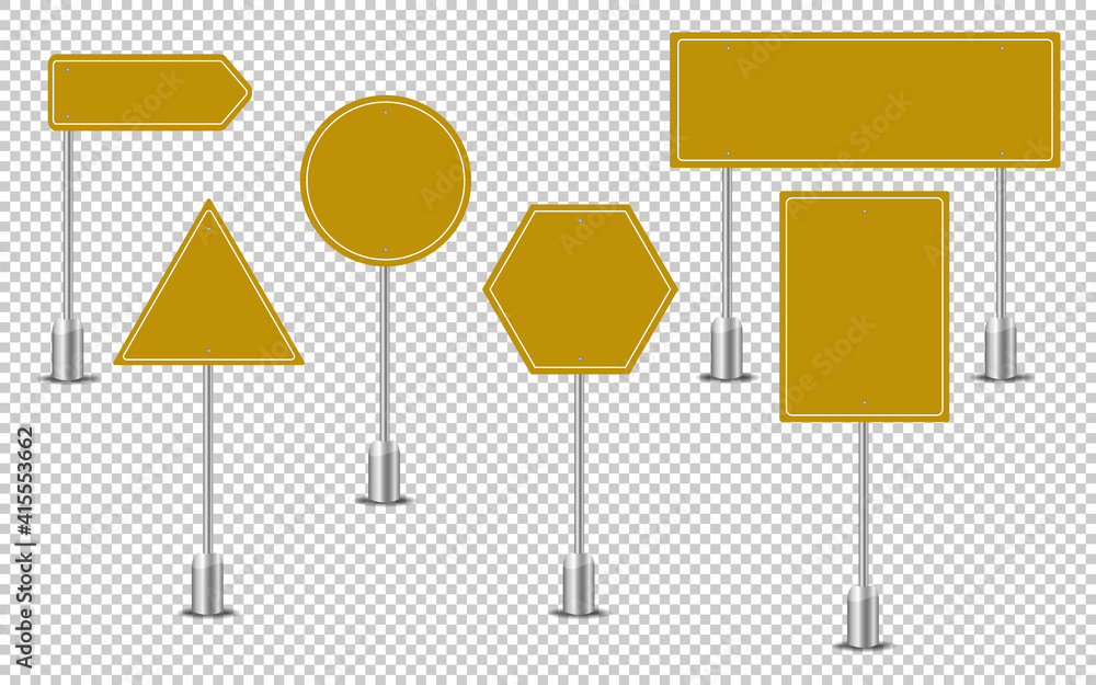 Blank traffic road sign set, empty street signs, yellow isolated on ...