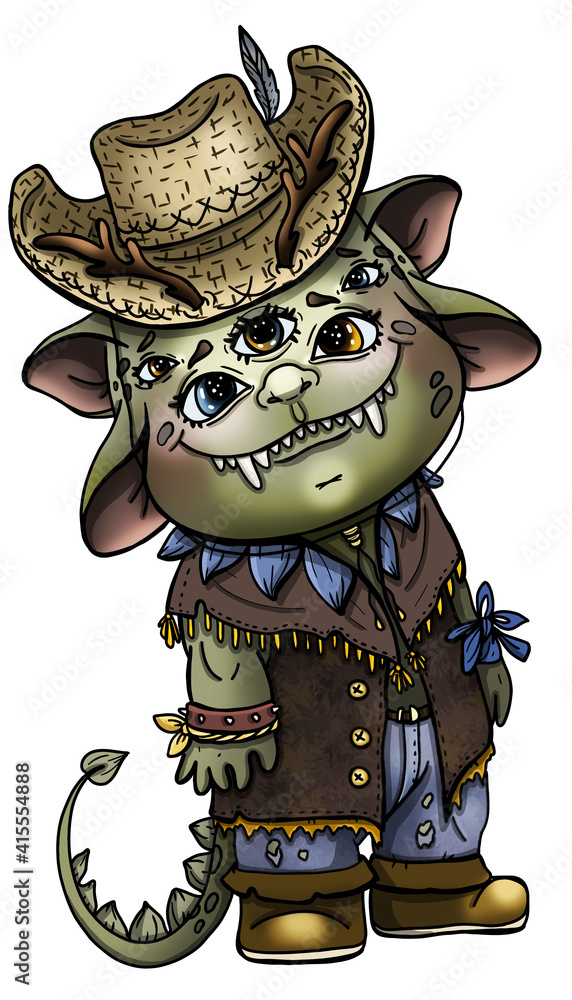 Kind little monster, cute smiling cowboy in a hat with a horns and ...