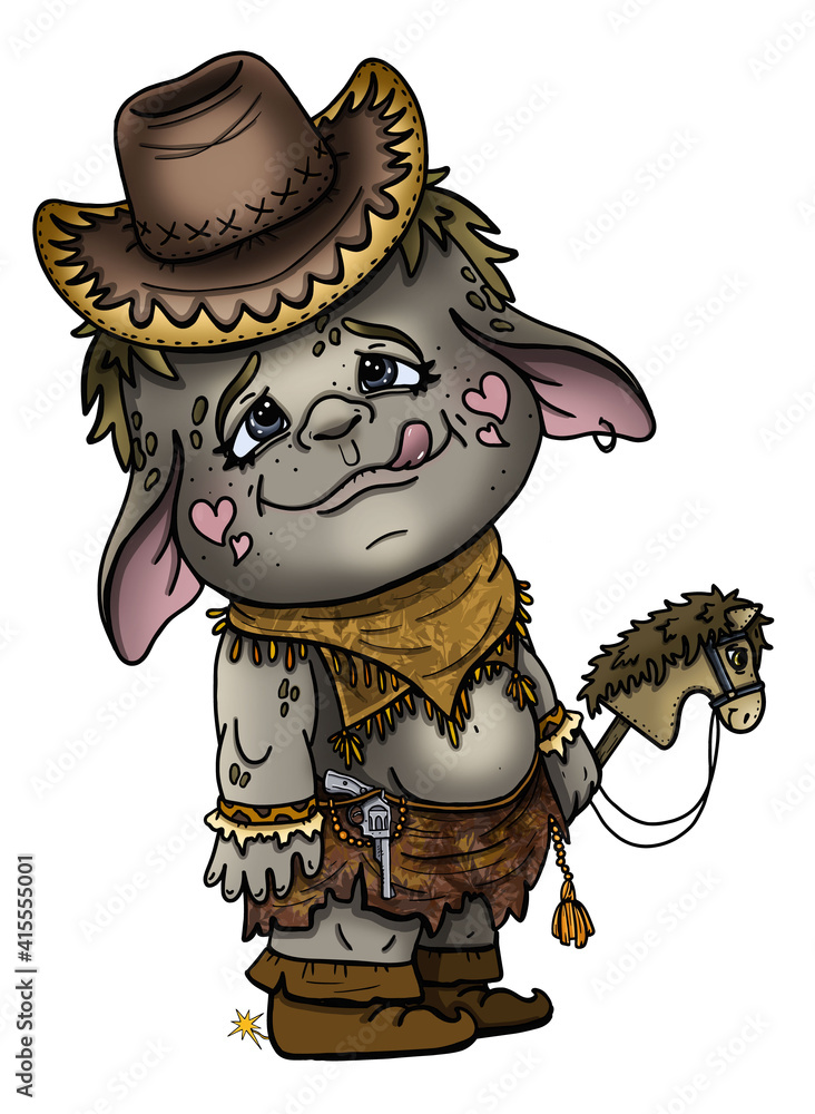 Funny cowboy in a hat and neckerchief with a small revolver and a horse ...