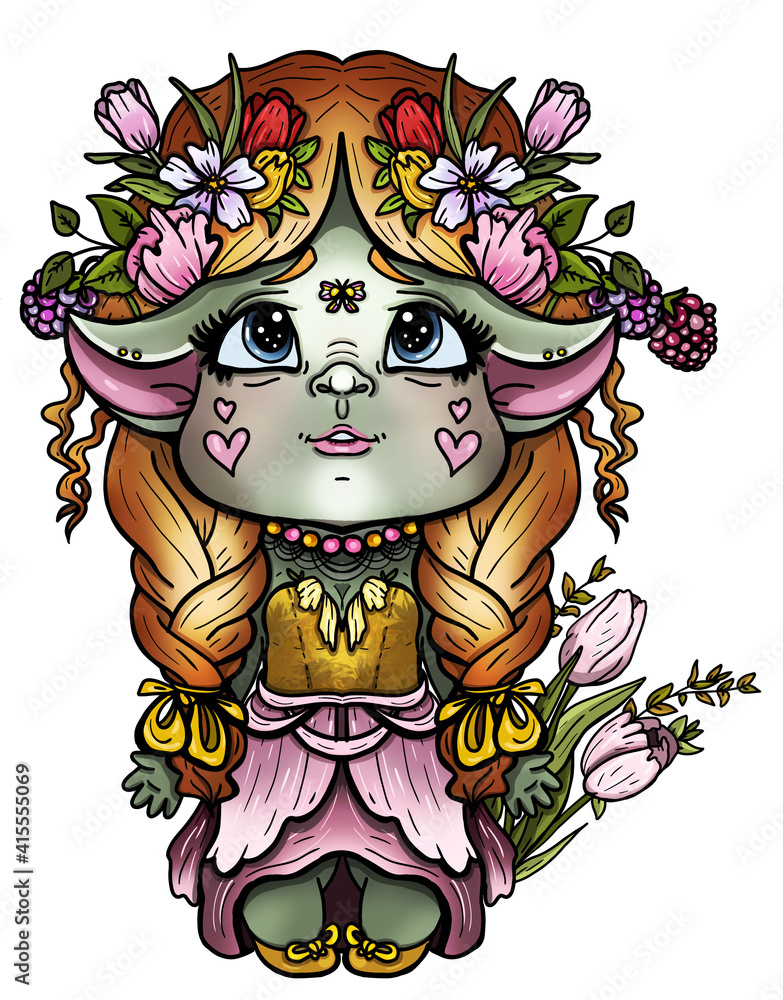 Cartoon isolated character, fairytale little girl, flower troll in ...