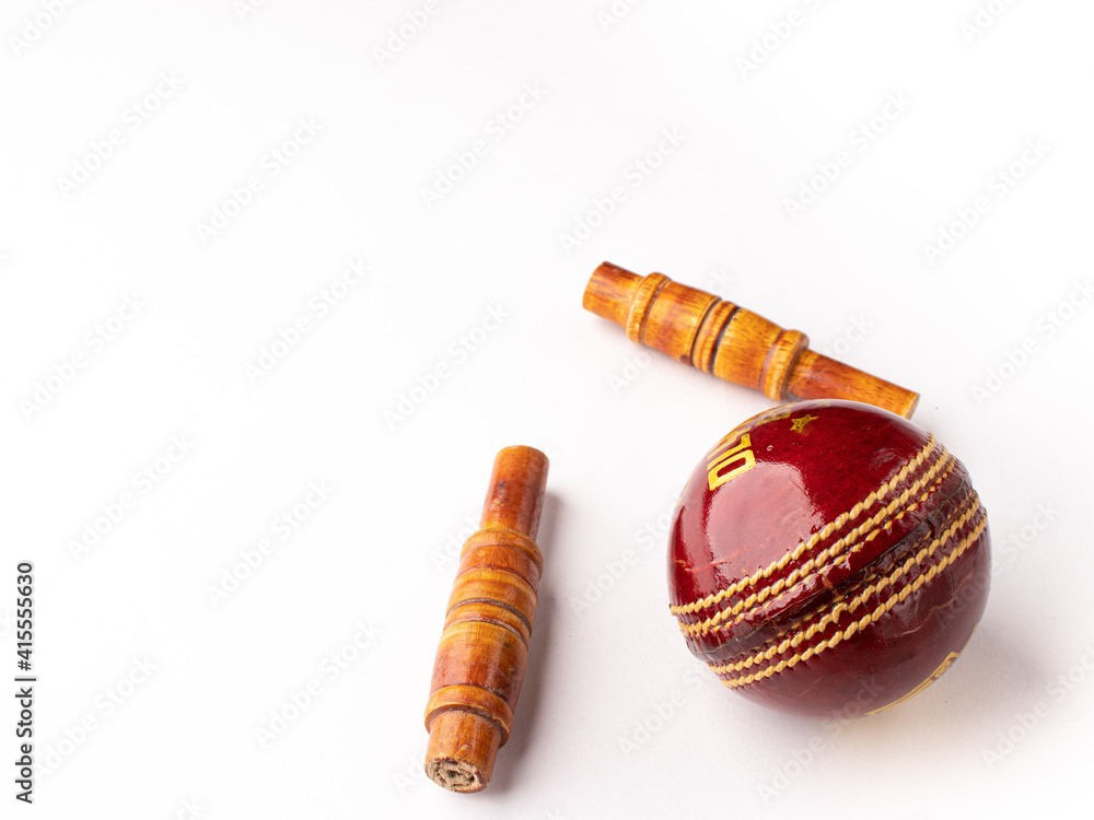 Red cricket ball and bells isolated stock image with white background ...