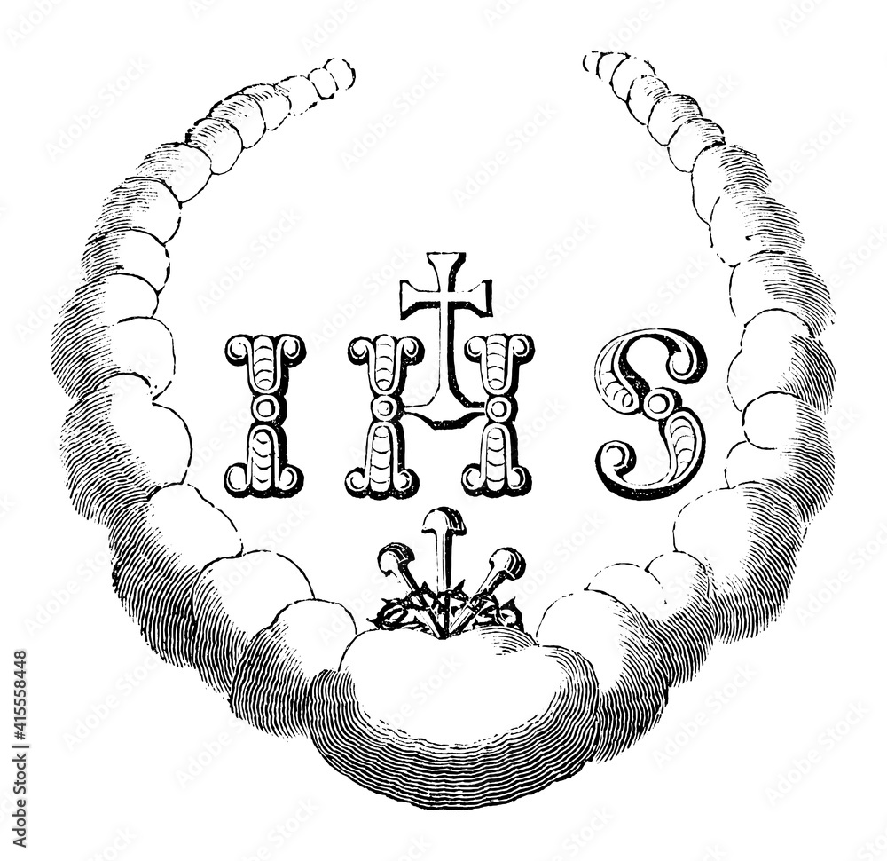 Emblem of Jesuits or Christogram, IHS and cross above three nails ...
