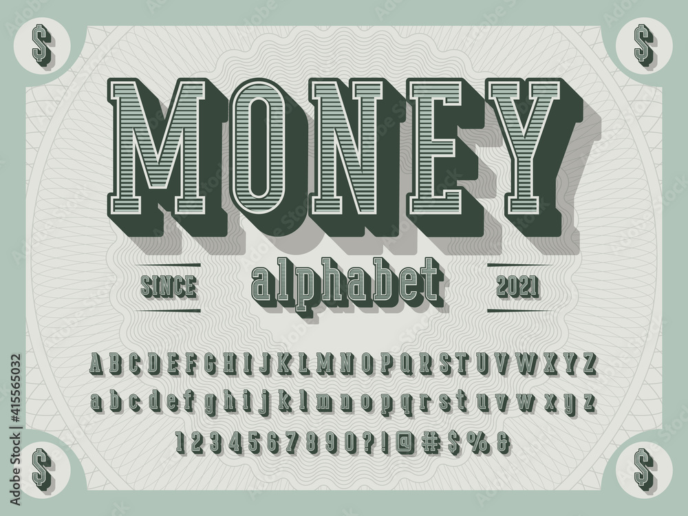 3D retro money alphabet design with decorative elements Stock Vector ...