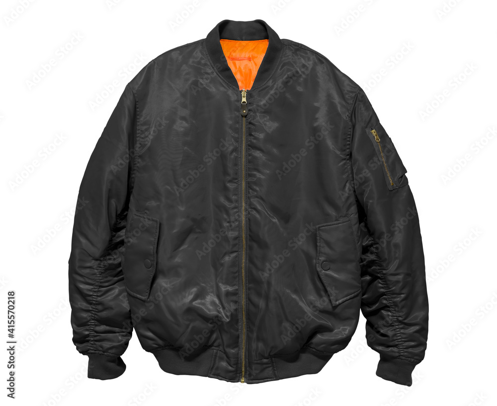Bomber jacket black color front view on white background Stock Photo ...
