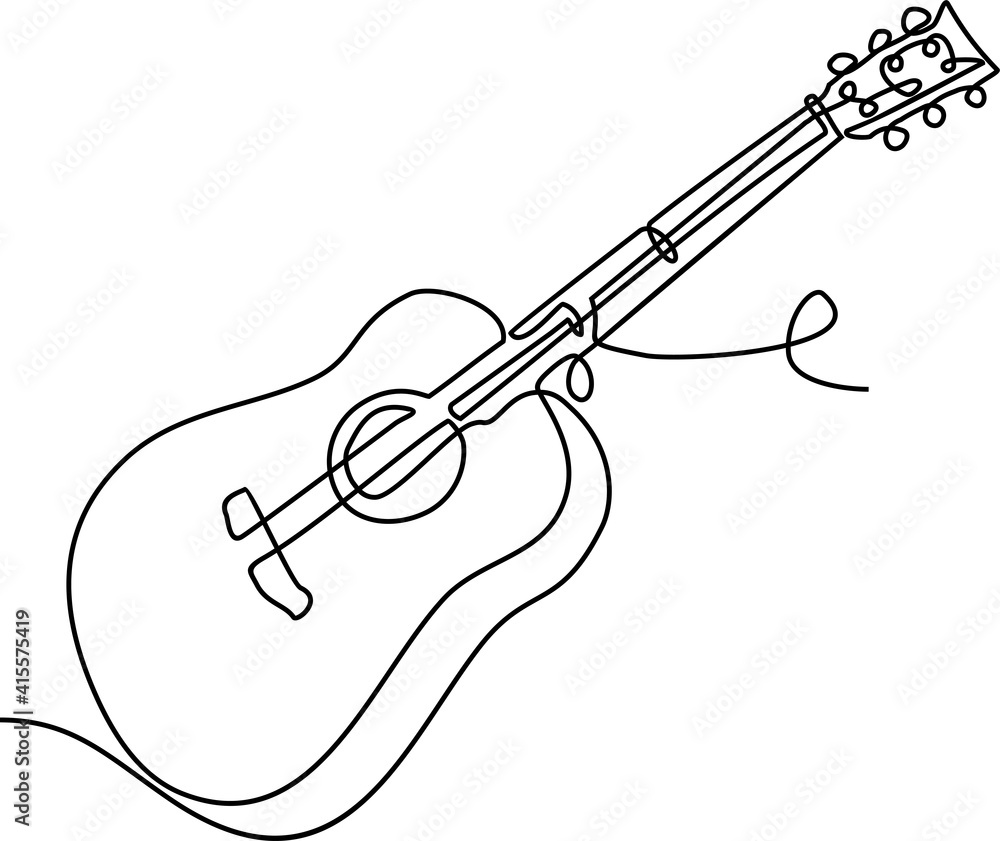One line drawing of a musical stringed guitar instrument isolated on ...