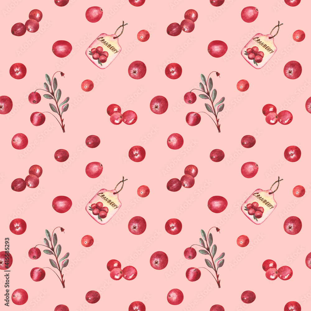 Seamless pattern with cranberries on light red background. Watercolor ...