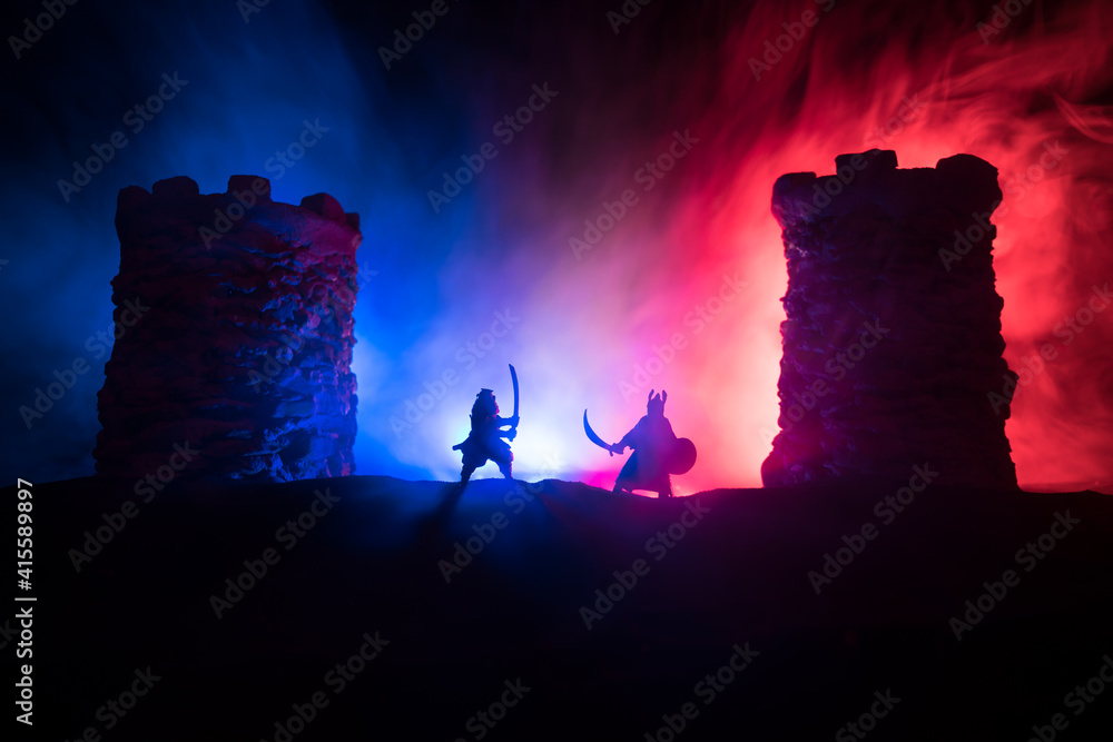 Medieval battle scene. Silhouettes of figures as separate objects ...