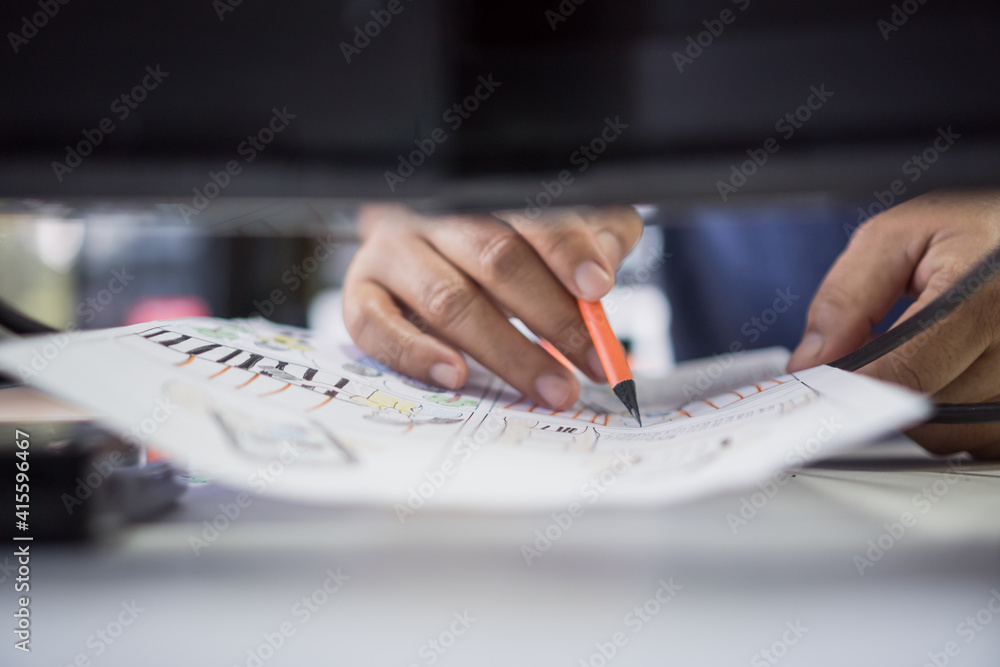 Pre-production for film movie storyboard concept : Hands drawing story ...