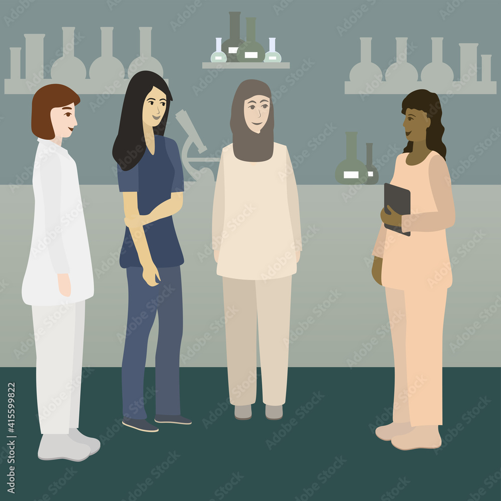 Multi-ethnic group of students talking to professor after lab class ...