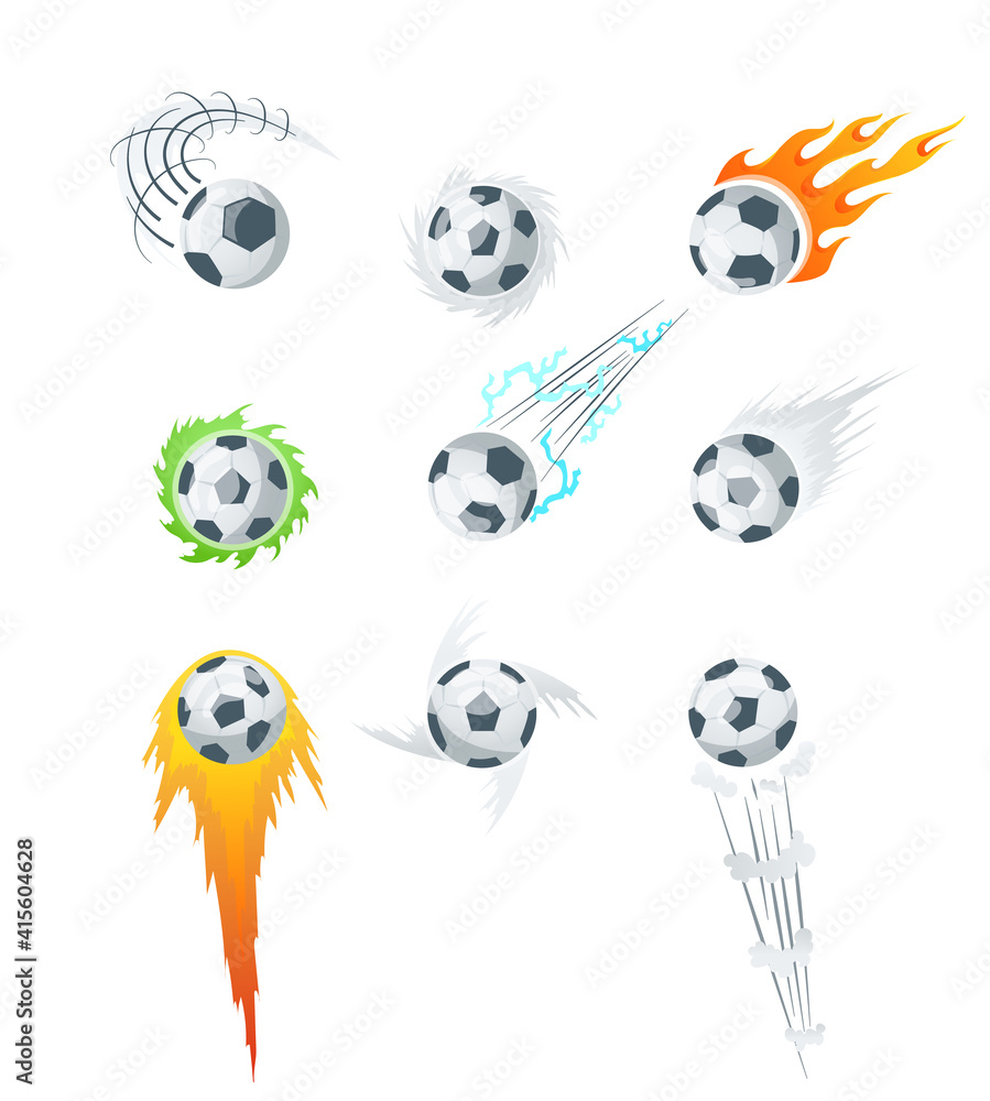 Football or soccer balls with motion trails in black and white for ...