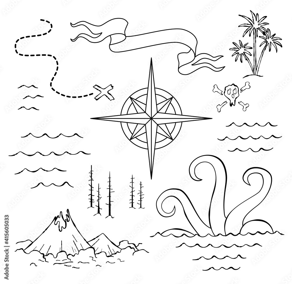 Old hand drawn map with vintage, wind rose, routs, nautical symbols and ...