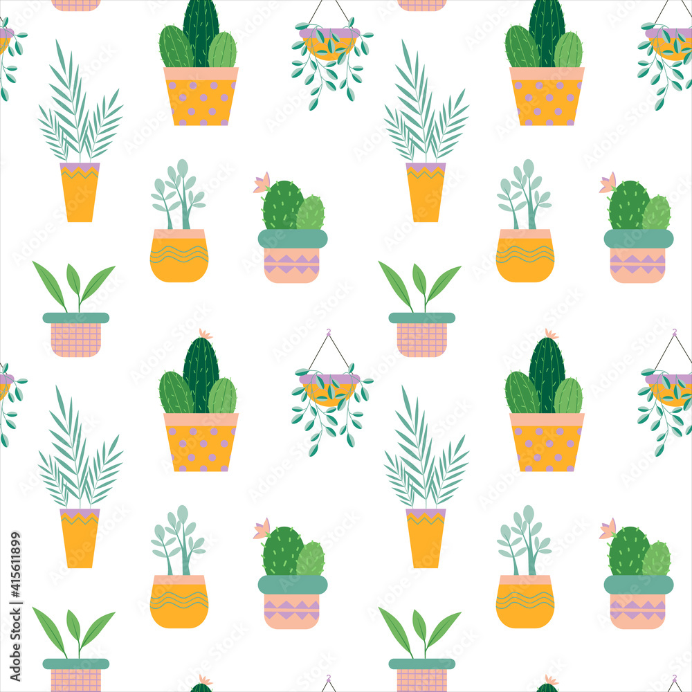 Vector illustration of a seamless pattern of trendy house plants in ...