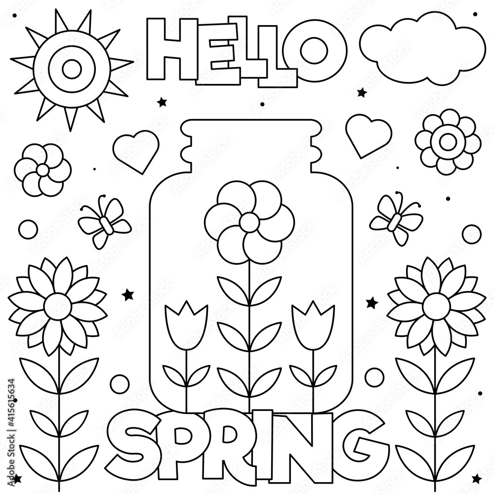 Hello Spring. Coloring page. Black and white vector illustration. Stock ...