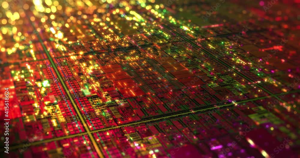 Futuristic microchip processors on wafer with data neon lights ...