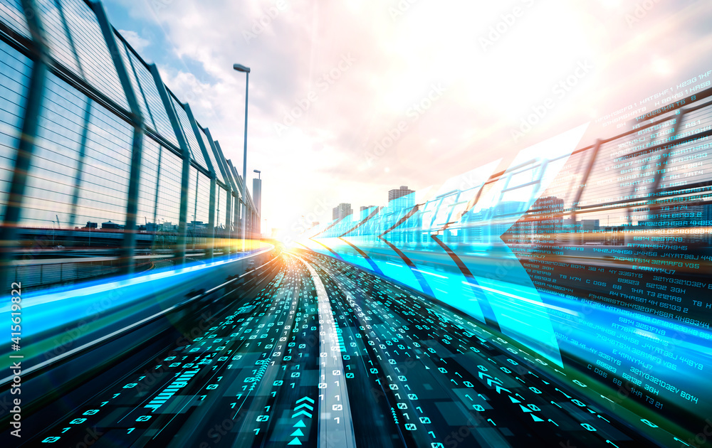 Digital data flow on road with motion blur to create vision of fast ...