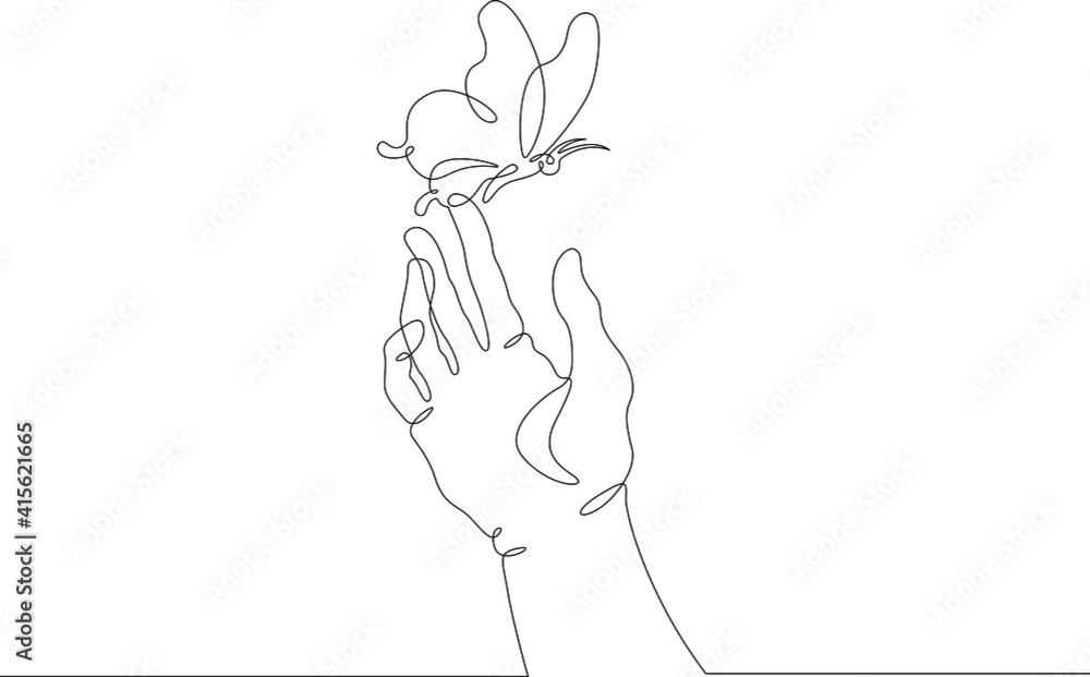 Butterfly sit on the human hand. Insect moth flying in the air. Open ...