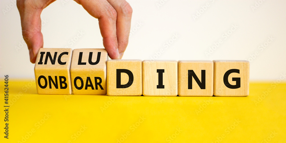 Onboarding and including symbol. Businessman turns wooden cubes and ...