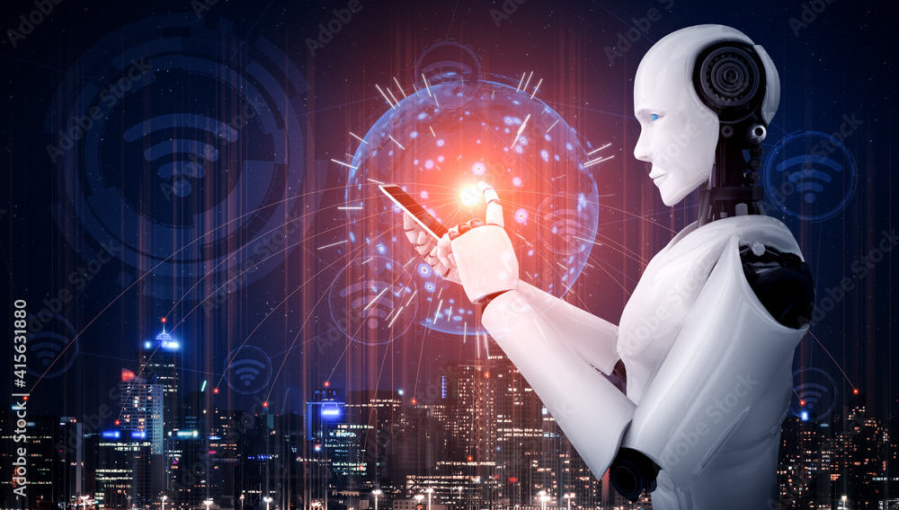 Robot humanoid use mobile phone or tablet for global network connection ...