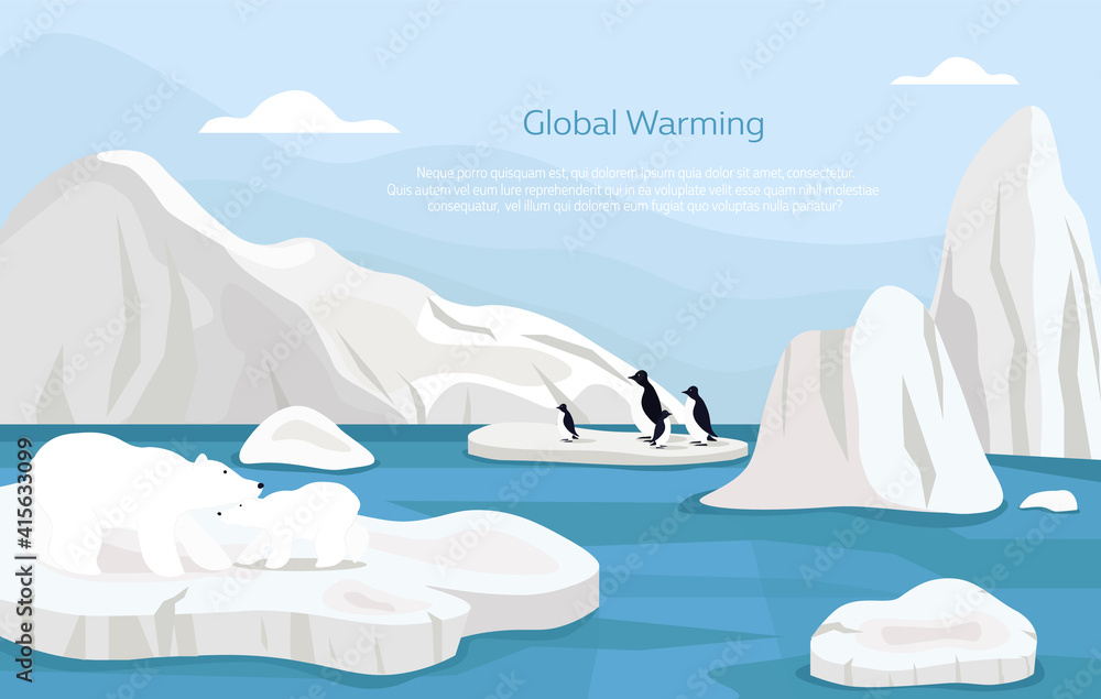 Global warming abstract concept. Group of penguins drifting on a small ...