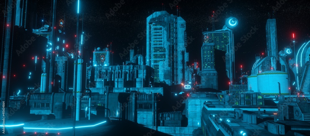 Dark night in a cyberpunk city. Futuristic skyscrapers with red and ...
