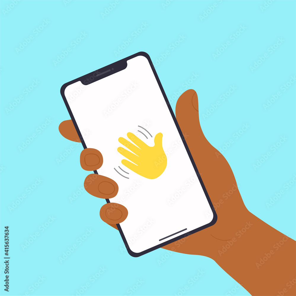 Vector flat cartoon illustration Colorful black hand with phone ...