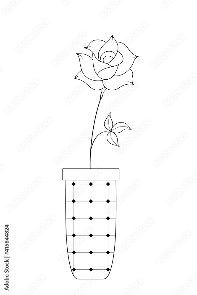 black and white design of a single rose in a vase, line art ...