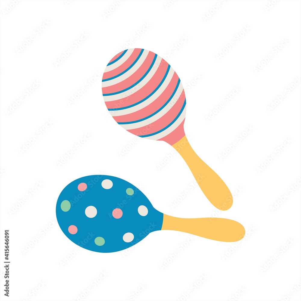 Music percussion, colorful ornamental rattle instrument. Vector cartoon ...