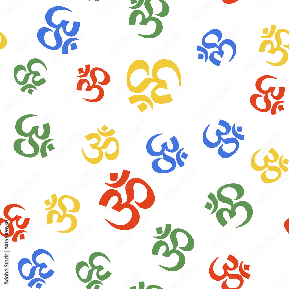 Color Om or Aum Indian sacred sound icon isolated seamless pattern on ...