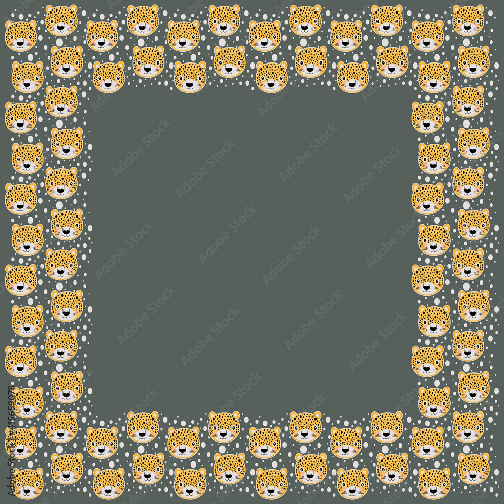 The square frame of cute cartoon yellow faces of leopard. Template with ...