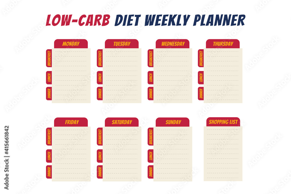 Comics text diet weekly planner isolated on white background. Food menu ...