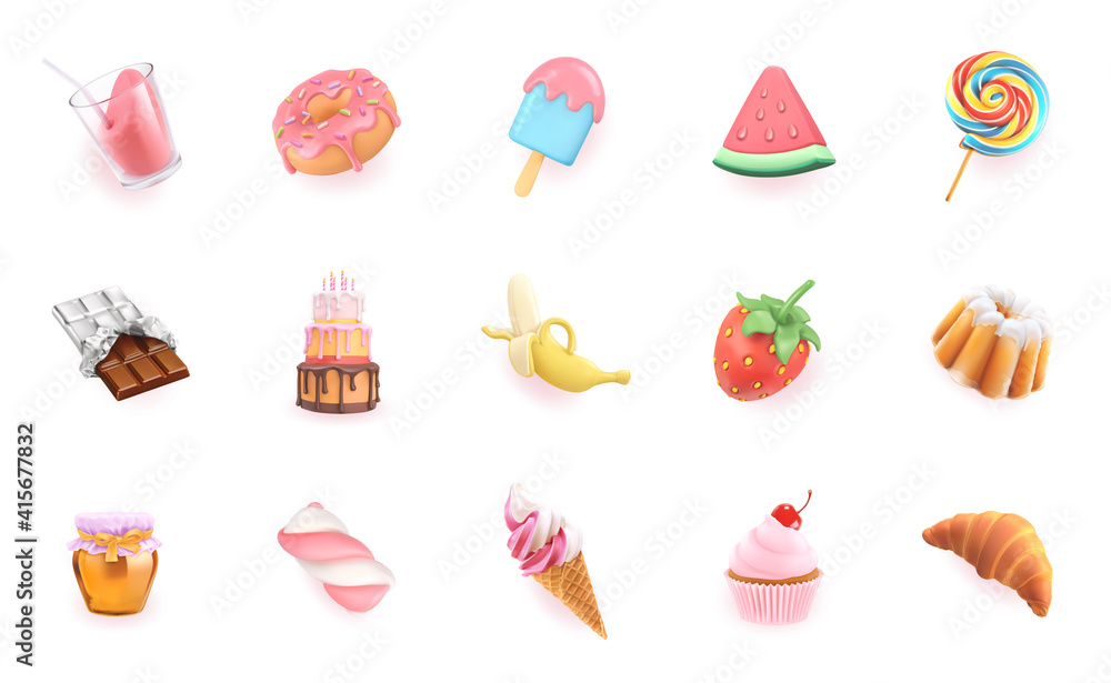 Sweet icons set. 3d realistic vector objects. Cocktail, dessert ...