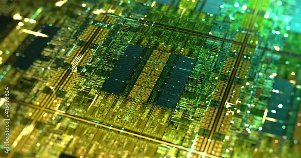 Electronic computer hardware, silicon wafer with gold elements. Data ...