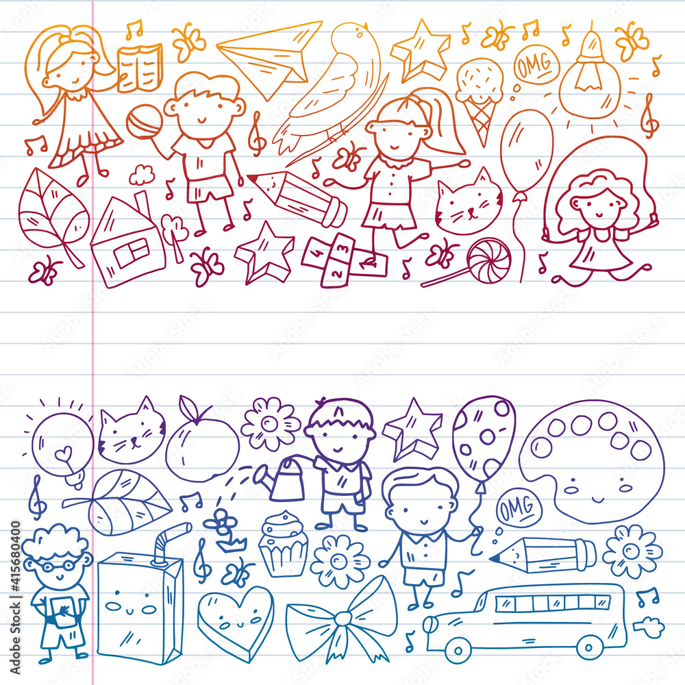 Kids drawing Kindergarten School Happy children play Illustration for ...