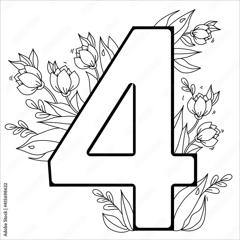 Flower number Four. Decorative pattern 4 with flowers, tulips, buds and ...