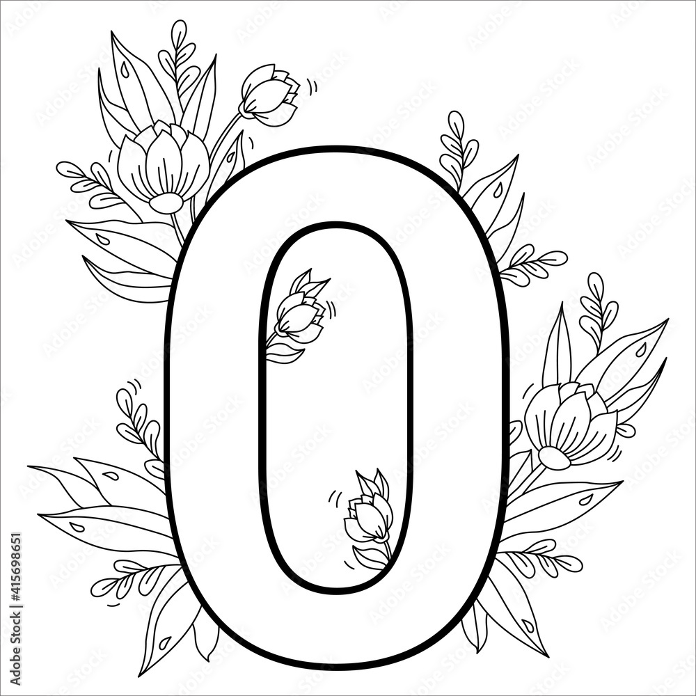 Flower number zero. Decorative pattern 0 with flowers, tulips, buds and ...