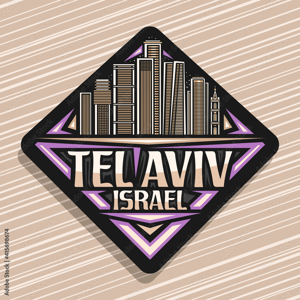 Vector logo for Tel Aviv, dark rhombus road sign with line illustration ...