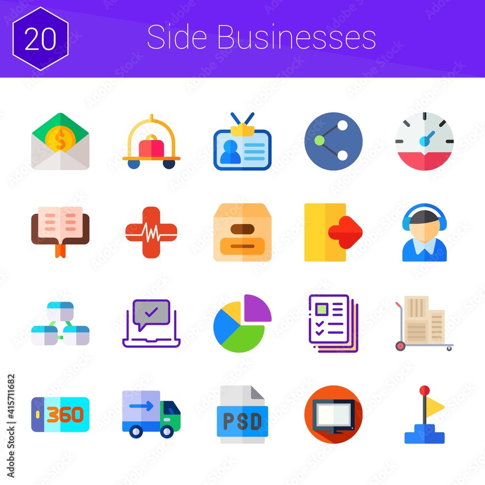 side businesses icon set. 20 flat icons on theme side businesses ...