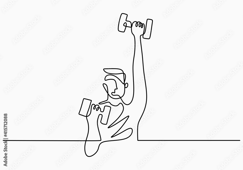 Man holding barbell continuous one line drawing vector illustration. A strong athletic male ...